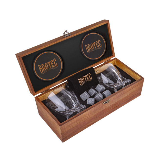 【BROTEC】威士忌杯2入+花崗岩冰石木盒禮盒組 無鉛水晶威士忌 蘇格蘭 波本 白蘭地 雞尾酒 最佳飲酒禮品 喬遷禮物 | LINE 禮物