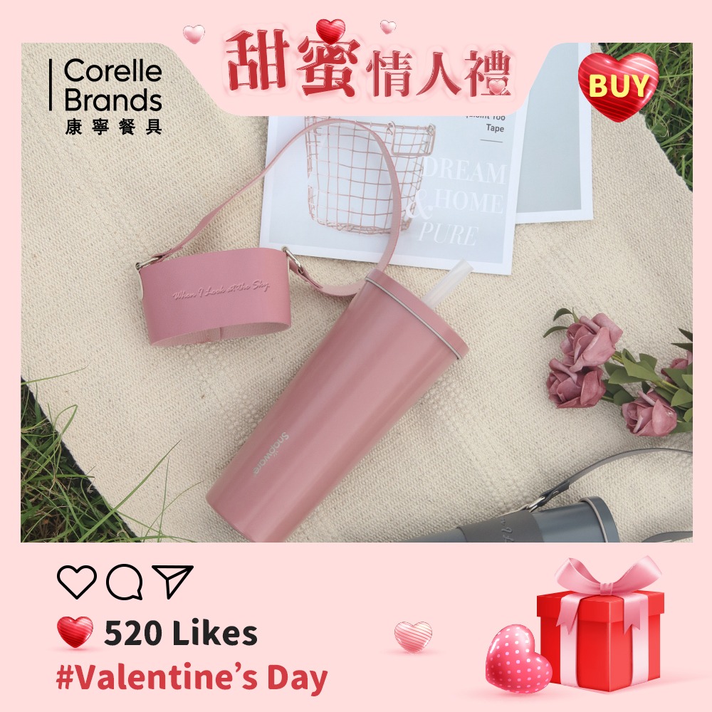 粉色情人禮【Snapware康寧密扣】陶瓷不鏽鋼真空保溫吸管杯800ml(含吸管3件組+杯刷+杯套) | LINE 禮物