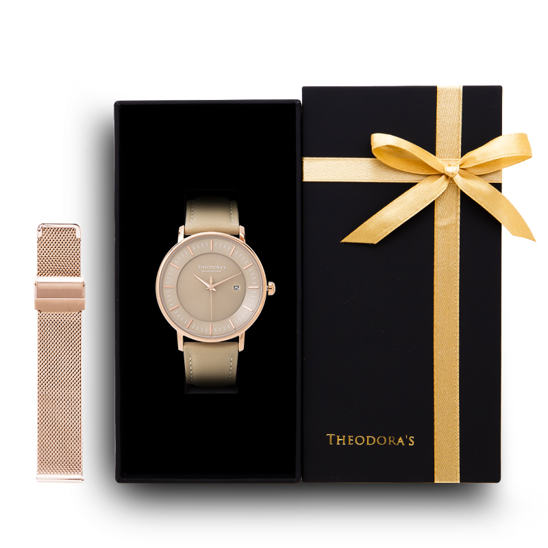 [情侶禮物/生日禮物]【Theodora's】限定禮盒｜Aurora腕錶+替換錶帶2入組-簡約香檳杏-真皮香檳杏 | LINE 禮物
