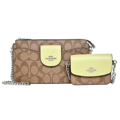 [平輸版] 【COACH】卡其PVC青蘋綠邊鍊帶二合一子母卡夾斜背包/鍊帶包/信封包/WOC/隨身包/晚宴包/手機包 真品平輸 | LINE 禮物