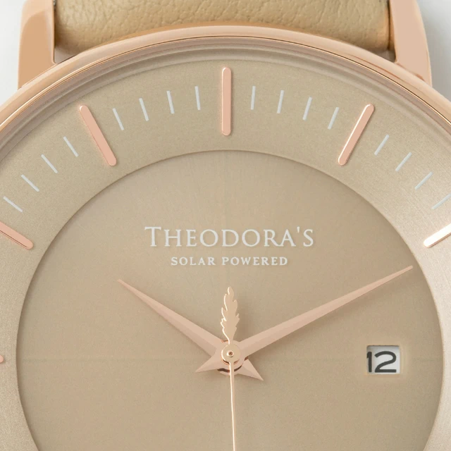 [生日禮物/全館禮盒包裝]【Theodora's】Aurora 太陽能真皮腕錶 簡約香檳杏-真皮香檳杏 | LINE 禮物