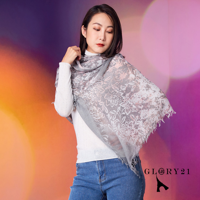 【GLORY21】柔美印染花卉流蘇圍巾-褐色 | LINE官方帳號開店幫手