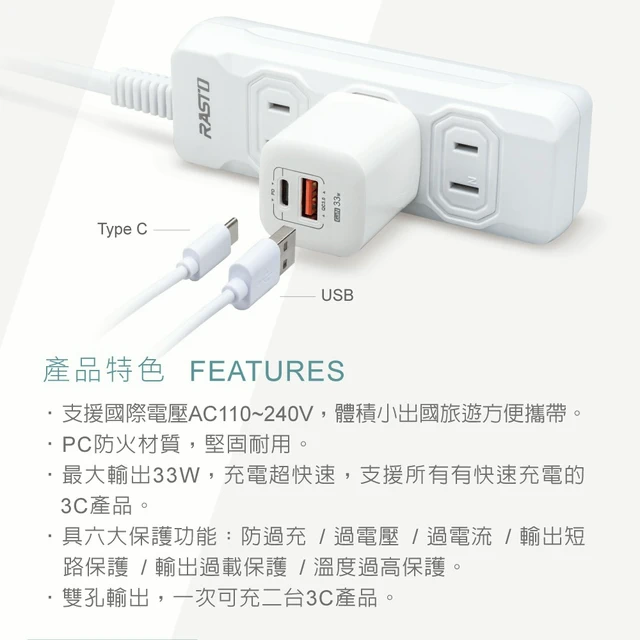 RASTO RB24 33W GaN氮化鎵 PD+QC3.0雙孔快速充電器 | LINE 禮物