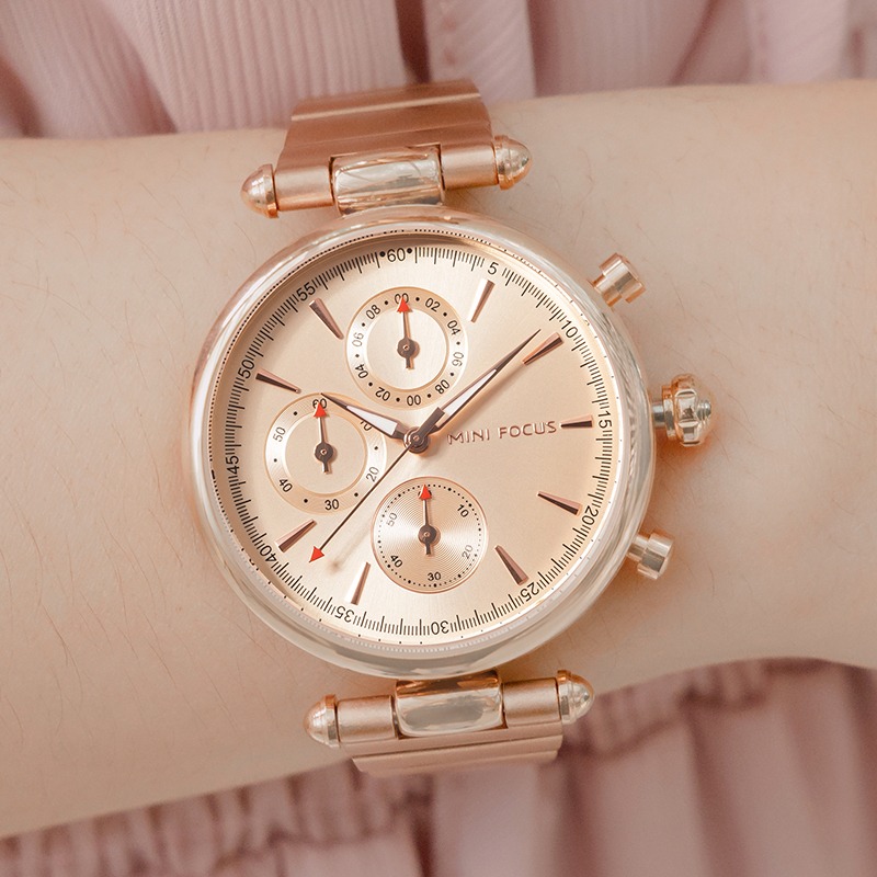 MINIFOCUS摩登愛情真三眼日期顯示金屬鍊帶手錶 | LINE 禮物