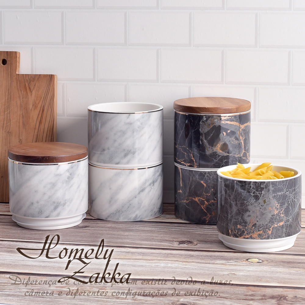 【Homely Zakka】北歐ins風輕奢大理石紋金邊三層帶蓋陶瓷密封罐/儲物罐/收納罐_2色任選 | LINE 禮物