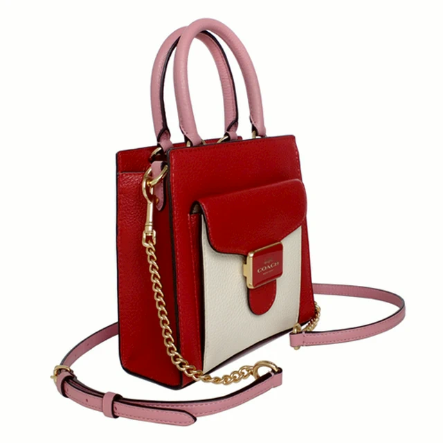 [平輸版] 【COACH】紅粉白拼色全皮方牌前釦袋手提包/斜背包/兩用包/隨身包/小方包 (迷你) 真品平輸 | LINE 禮物